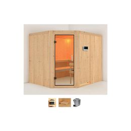 Karibu Sauna Marit, BxTxH: 231 x 196 x 198 cm, 68 mm, (Set) 9-kW-Bio-Ofen mit externer Steuerung, beige