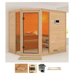 Karibu Sauna Sina 3, BxTxH: 236 x 184 x 209 cm, 40 mm, (Set) 9-kW-Ofen mit externer Steuerung, beige