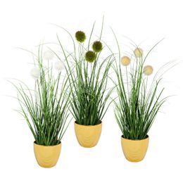 Kunstgras Grasbusch mit Kletten, LEONIQUE, Höhe 35 cm, Kunstpflanze, Gras, im Topf, 3er-Set, goldfarben|grün