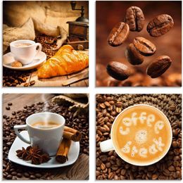 Artland Glasbild Kaffeetasse Croissant Kaffeebohnen, Getränke (4 St), in verschiedenen Größen, braun