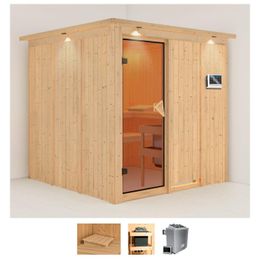 Karibu Sauna Romina, BxTxH: 210 x 210 x 202 cm, 68 mm, (Set) 9-kW-Bio-Ofen mit externer Steuerung, beige