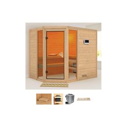 Karibu Sauna Sina 3, BxTxH: 236 x 184 x 209 cm, 40 mm, (Set) 9-kW-Bio-Ofen mit externer Steuerung, beige