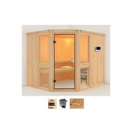 Karibu Sauna Aline 3, BxTxH: 231 x 196 x 198 cm, 68 mm, (Set) 9-kW-Ofen mit externer Steuerung, beige