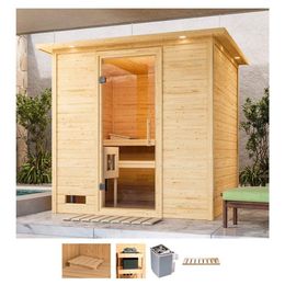 Karibu Sauna Menja, BxTxH: 224 x 210 x 206 cm, 40 mm, (Set) 9-kW-Ofen mit integrierter Steuerung, beige