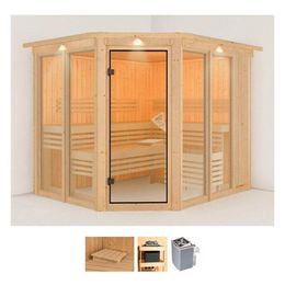 Karibu Sauna Anike 3, BxTxH: 245 x 210 x 202 cm, 68 mm, (Set) 9-kW-Ofen mit integrierter Steuerung, beige