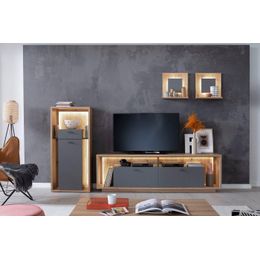 MCA furniture Lowboard Lizzano, TV Möbel für TV bis 80 Zoll mit 3D Rückwand, wahlweise mit Beleuchtung, grau