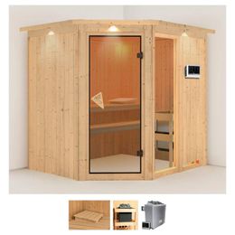 Karibu Sauna Frigga 2, BxTxH: 210 x 184 x 202 cm, 68 mm, (Set) 9-kW-Bio-Ofen mit externer Steuerung, beige