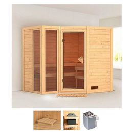 Karibu Sauna Amada, BxTxH: 236 x 184 x 209 cm, 40 mm, (Set) 9-kW-Ofen mit integrierter Steuerung, beige