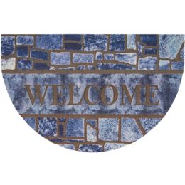 Fußmatte Welcome Mauer, Home Affaire, halbrund, Höhe: 6 mm, Muster, Robust, Pflegeleicht, Rutschfest, mit Schrift, blau|braun