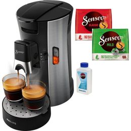 Philips Senseo Kaffeepadmaschine Select CSA250/10, aus 21% recyceltem Plastik, +3 Kaffeespezialitäten, Memo-Funktion, inkl. Gratis-Zugaben im Wert von € 14,- UVP, silberfarben