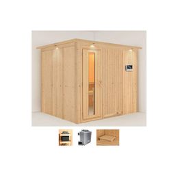 Karibu Sauna Gitte, BxTxH: 245 x 210 x 202 cm, 68 mm, (Set) 9-kW-Ofen mit externer Steuerung, beige