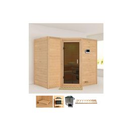 Karibu Sauna Sanna 2, BxTxH: 236 x 184 x 209 cm, 40 mm, (Set) 9-kW-Ofen mit externer Steuerung, beige