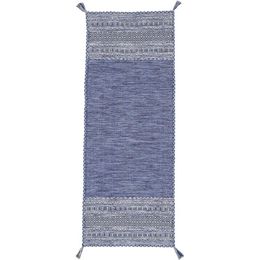 Läufer Kelim Azizi, CarpetFine, rechteckig, Höhe: 5 mm, Baumwolle, Wendeteppich mit Fransen, Wohnzimmer, blau