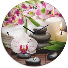 Artland Wanduhr Glasuhr rund Spa Orchideen Bambus Kerze (wahlweise mit Quarz- oder Funkuhrwerk, lautlos ohne Tickgeräusche), rosa