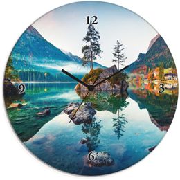 Artland Wanduhr Glasuhr rund Herbstszene des Hintersee vor Alpen (wahlweise mit Quarz- oder Funkuhrwerk, lautlos ohne Tickgeräusche), blau