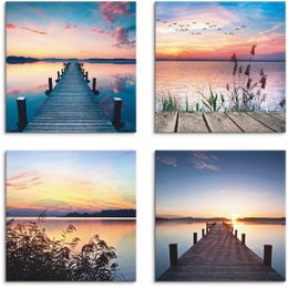 Artland Leinwandbild Pier See Abendrot Schilf Sonnenstrahlen, Gewässer (4 St), 4er Set, verschiedene Größen, blau