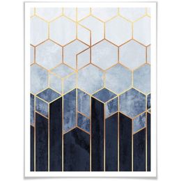 Wall-Art Poster Hexagon Blau Weiß, Schriftzug (1 St), Poster ohne Bilderrahmen, bunt