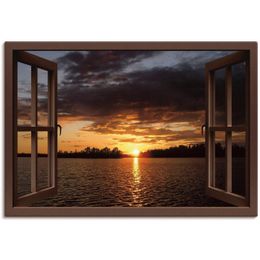 Artland Leinwandbild Sonnenuntergang am See, braunes Fenster, Seebilder (1 St), auf Keilrahmen gespannt, braun