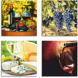 Artland Leinwandbild Gläser Rotwein, Trauben, Käse, Getränke (4 St), 4er Set, verschiedene Größen, rot