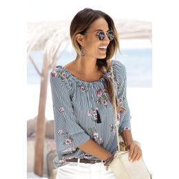 Carmenbluse Lascana Gr. 42, blau (marine, weiß, gestreift) Damen Blusen Strandblusen