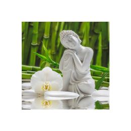 Levandeo® Glasbild, Levandeo Glasbild 30x30cm Weiße Orchidee Bambus Buddha Wandbild