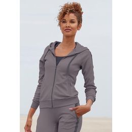 active by Lascana LASCANA ACTIVE Trainingsjacke grau Gr. XL (48/50) f&uuml;r Damen. Mit Rei&szlig;verschluss, Kordelzug, Logoschriftz&uuml;ge. Bequem. Nachhaltig.