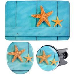 Sanilo Badaccessoire-Set Starfish, Komplett-Set, 3 tlg., bestehend aus WC-Sitz, Badteppich und Waschbeckenstöpsel, blau|orange