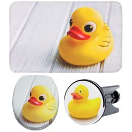 Sanilo Badaccessoire-Set Ente, Komplett-Set, 3 tlg., bestehend aus WC-Sitz, Badteppich und Waschbeckenstöpsel, gelb|weiß