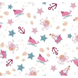 EXPERIENCE Stoff Jersey Stoff Meterware Elastisch Maritim Octopus Fische Wal Piratwal Julia Weiß Rosa 150 cm Warenbreite