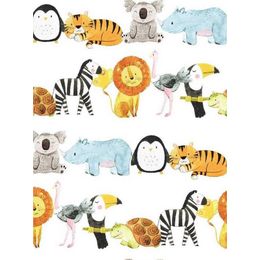 EXPERIENCE Stoff Jersey Stoff Meterware Elastisch Tiere Löwe Zebra Nashorn Zoo Weiß Bunt 150 cm Warenbreite Kinderstoff