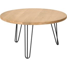 OTTO products Couchtisch Lennard, aus geölter Wildeiche, runde Tischplatte, mit Hairpin-Metallgestell, beige