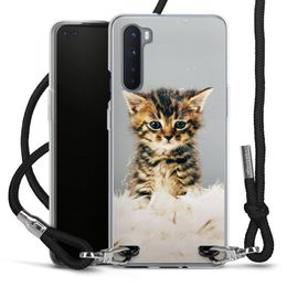 DeinDesign Handyhülle Katze Haustier Feder Kitty, OnePlus Nord Handykette Hülle mit Band Case zum Umhängen, weiß