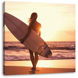 Pixxprint Leinwandbild Surferin vor Sonnenuntergang