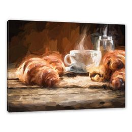 Pixxprint Leinwandbild Tasse Kaffee mit Croissants