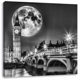 Pixxprint Leinwandbild Big Ben vor Mond in London