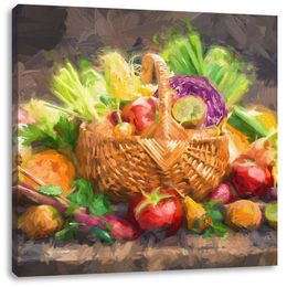 Pixxprint Leinwandbild Obst und Gemüse im Korb
