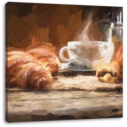 Pixxprint Leinwandbild Tasse Kaffee mit Croissants
