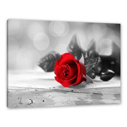 Pixxprint Leinwandbild Rose auf Holztisch