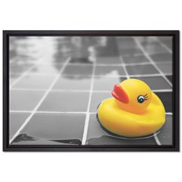 Pixxprint Leinwandbild Quietsche Ente im Wasser