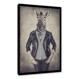 Pixxprint Leinwandbild Zebrakopf Menschenkörper mit Lederjacke