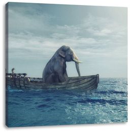 Pixxprint Leinwandbild lustig sitzender Elefant im Boot