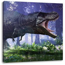 Pixxprint Leinwandbild T-Rex Dinosaurier im Wald