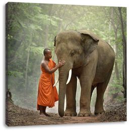 Pixxprint Leinwandbild wunderschöner Elefant mit Mönch