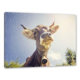 Pixxprint Leinwandbild Lustiges Portrait einer Kuh