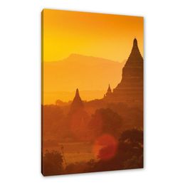 Pixxprint Leinwandbild Buddha Tempel im Sonnenuntergang