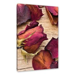 Pixxprint Leinwandbild Rosen auf Holztisch