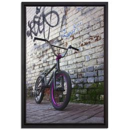 Pixxprint Leinwandbild Fahrrad vor Graffitiwand
