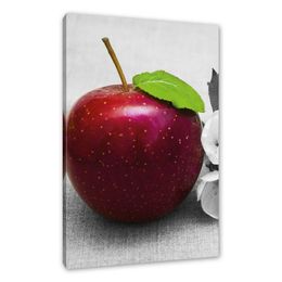 Pixxprint Leinwandbild Schöner roter Apfel mit Blüten