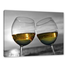 Pixxprint Leinwandbild Wein in Gläsern am Meer