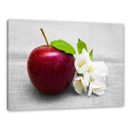 Pixxprint Leinwandbild Schöner roter Apfel mit Blüten